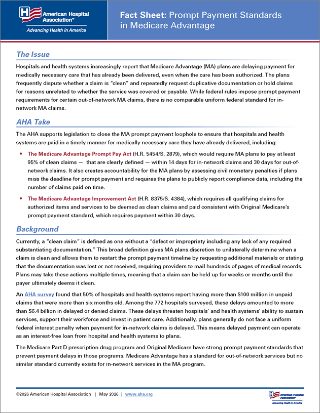 Fact Sheet: Prompt Payment Standards in Medicare Advantage | AHA