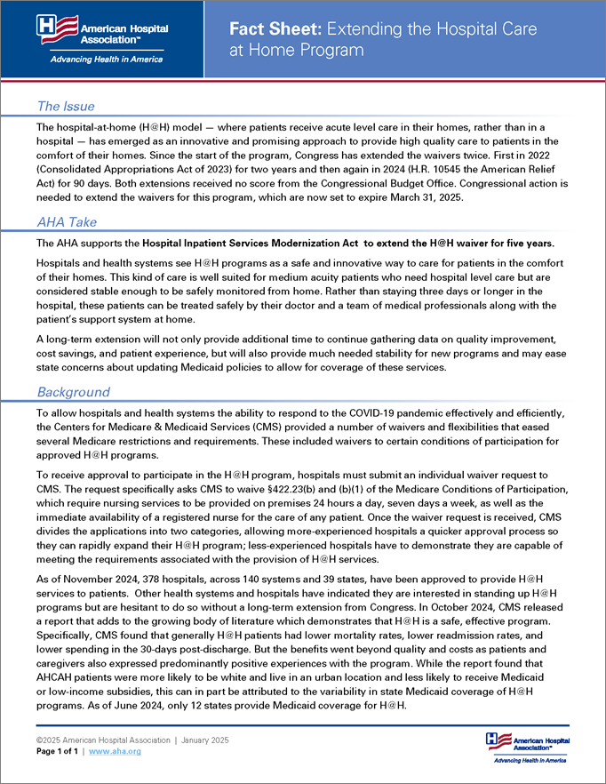 Fact Sheet: Extending the Hospital-at-Home Program | AHA